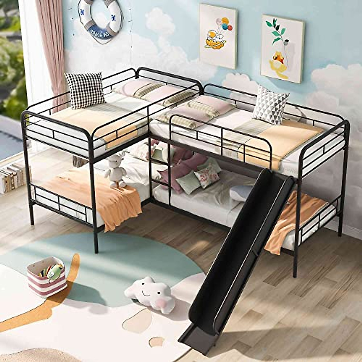 Tulib Twin Size L-Shaped Bunk Bed with Slide, Metal Bunkbed Frame w/Ladder & Safety Guardrail for 4, Bedroom, Home, No Spring Box Needed, Black