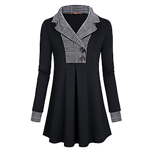 Gaharu Pullover Tunic Tops Ladies Long Sleeve Fall Top Lapel Tunic Sweaters for Women to Wear With Leggings Flowy Shirts Comfy Sweatshirts Black and White,L