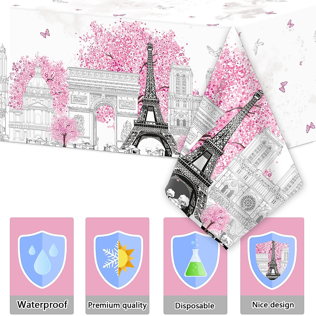 98 Pcs Paris Eiffel Tower Tableware Set Paris Eiffel Tower Party Plates Napkins Paris Table Cover Eiffel Tower Dinnerware for Kid Boy Girl Birthday Weddings Party Decorations Favors for 24 Guest