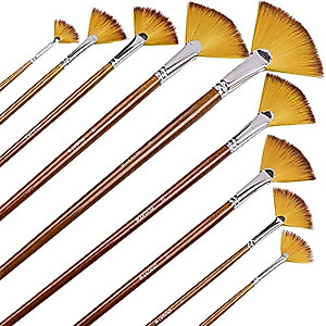Artist Fan Paint Brushes Set 9pcs - Soft Anti-Shedding Nylon Hair Wood Long Handle Paint Brush Set for Acrylic Watercolor Oil Gouche Painting