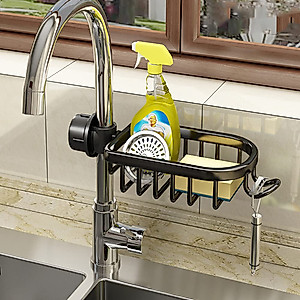 FWEHIO Faucet Sponge Holder with Hook Soap Dishcloth Hanger Brush Sink Caddy Drain Rack Space Aluminum Soap Sponge Brush Scrubber Sink Caddy Organizer (Double, Black)