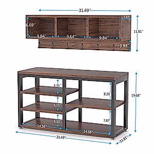 Tribesigns Industrial [Shoe] [Rack] [Bench] with Coat [Rack] Set With Hall Tree, 3 Storage Cubbies, 7 Hooks for Entryway, Hallway, 5-in-1Design, Rustic Brown