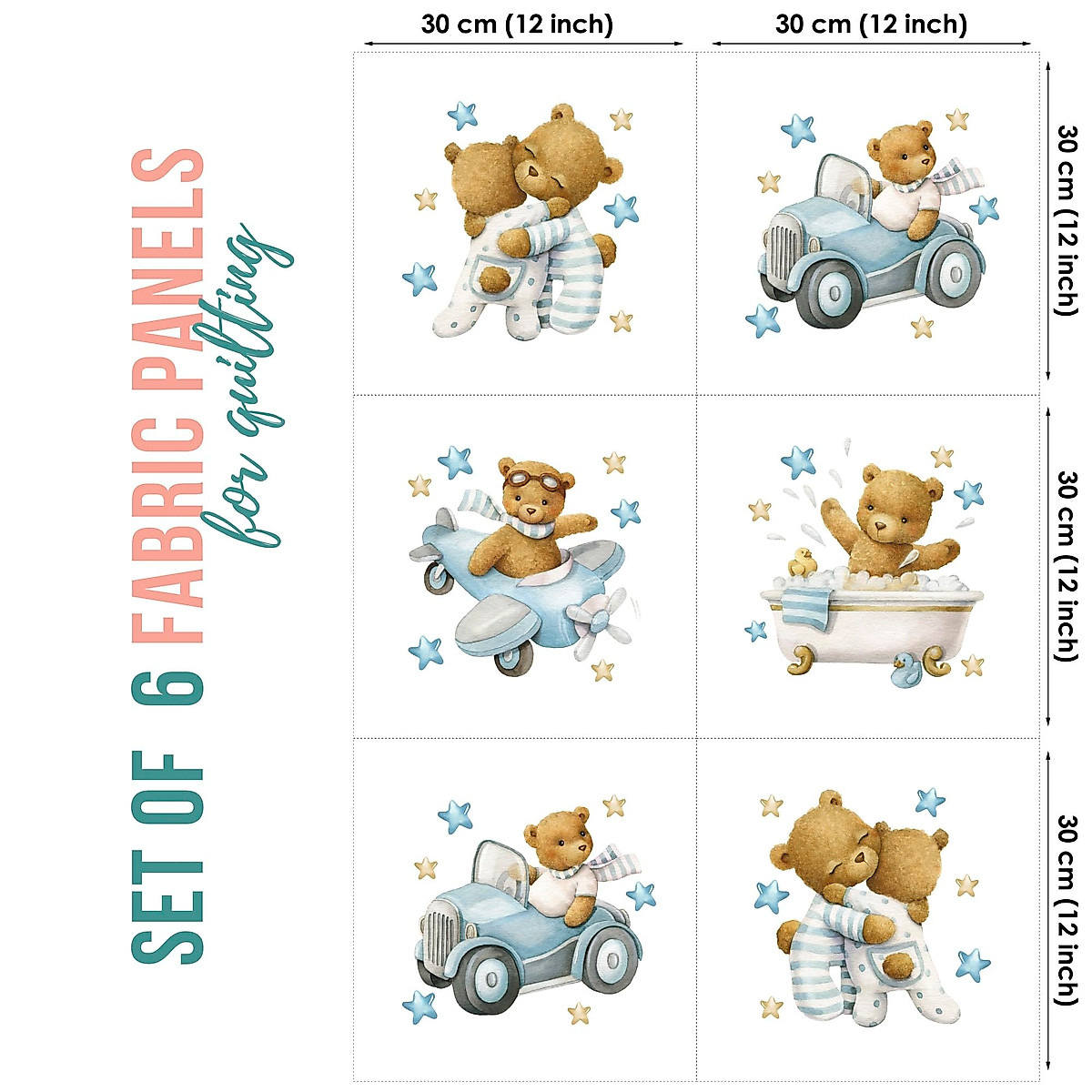 UNIQUE Baby Bear Fabric Panel Set (6 Panels, 12x12in Each), Quilting Panels, Baby Quilt Panels, Cotton Baby Panels, Blanket Panel, Cotton Fabric Panels for Quilting