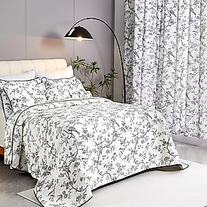 EVENHUG Quilted Pillow Shams Set of 2 Black Bird Pillow Covers Floral Pillowcases Matching Bedding Decoration (20" X 36")