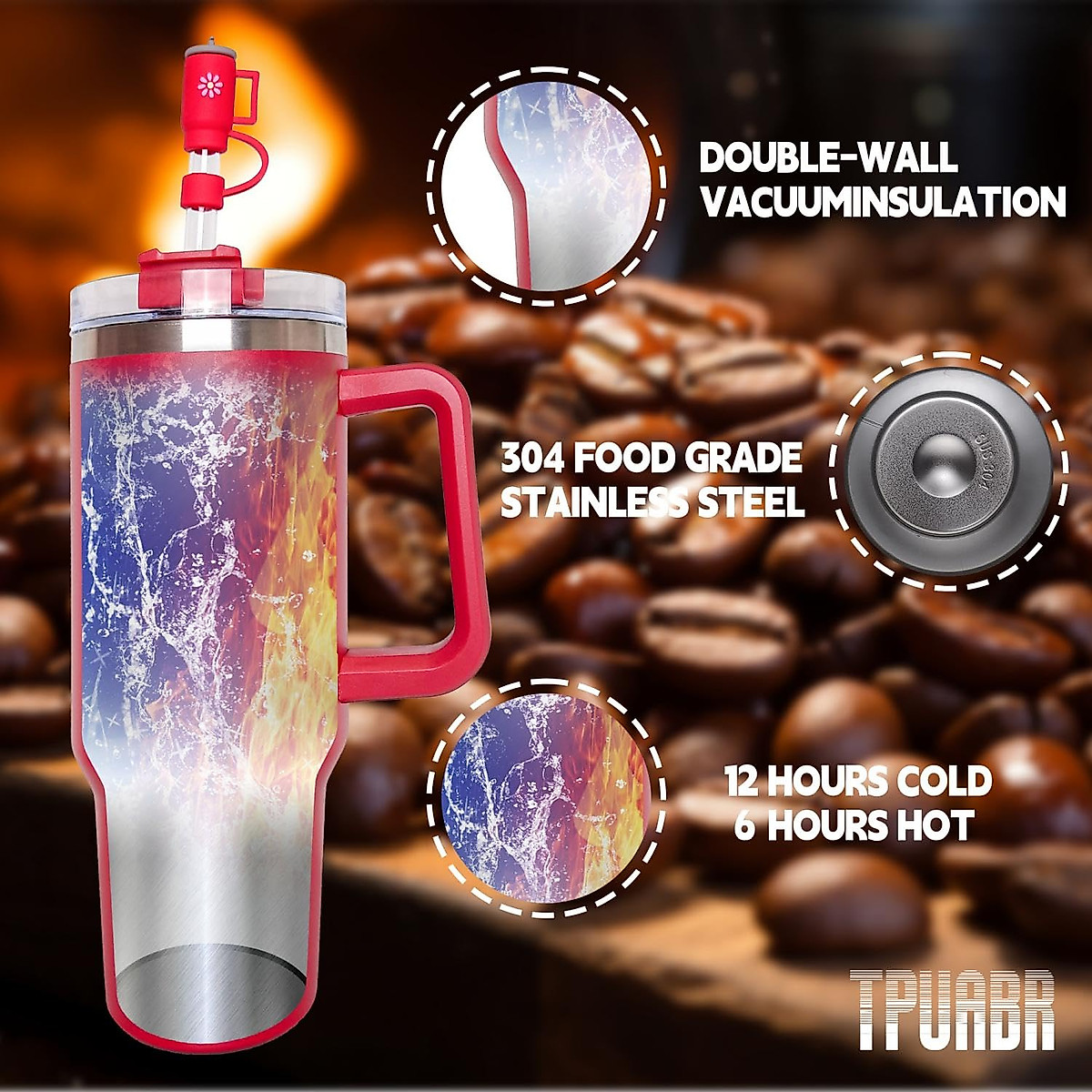 FVOTNW 40oz Tumbler with Handle and Straw,Reusable Insulated Tumbler Stainless Steel Travel Mug Keeps Drinks Cold,Suitable for Travel, Office and Gifts for Mom or Wife-Red