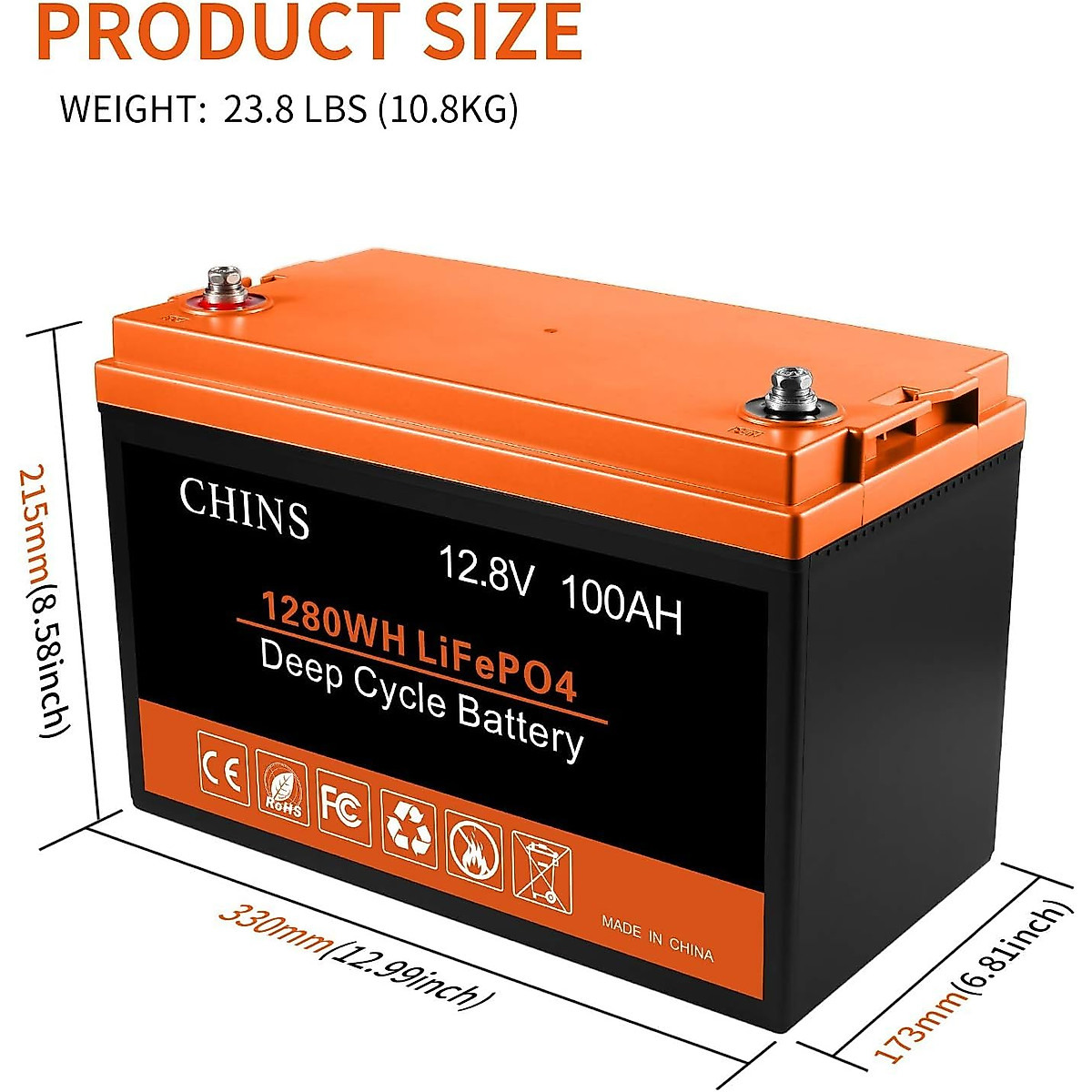 CHINS 4 Pack 12V 100AH LiFePO4 Battery 48V 100AH Lithium Battery, Includes 48V 10A Lithium Battery Charger, Perfect for Golf Cart, Trolling Motor, Marine, Includes Low-Temperature Cut-Off Function