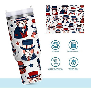 Maunzc 40 oz Tumbler with Handle and Straw, Insulated Stainless Steel Travel Mug with Lid for Coffee, Iced Tea, Water, Gift for Men Women (Gentleman Cats)