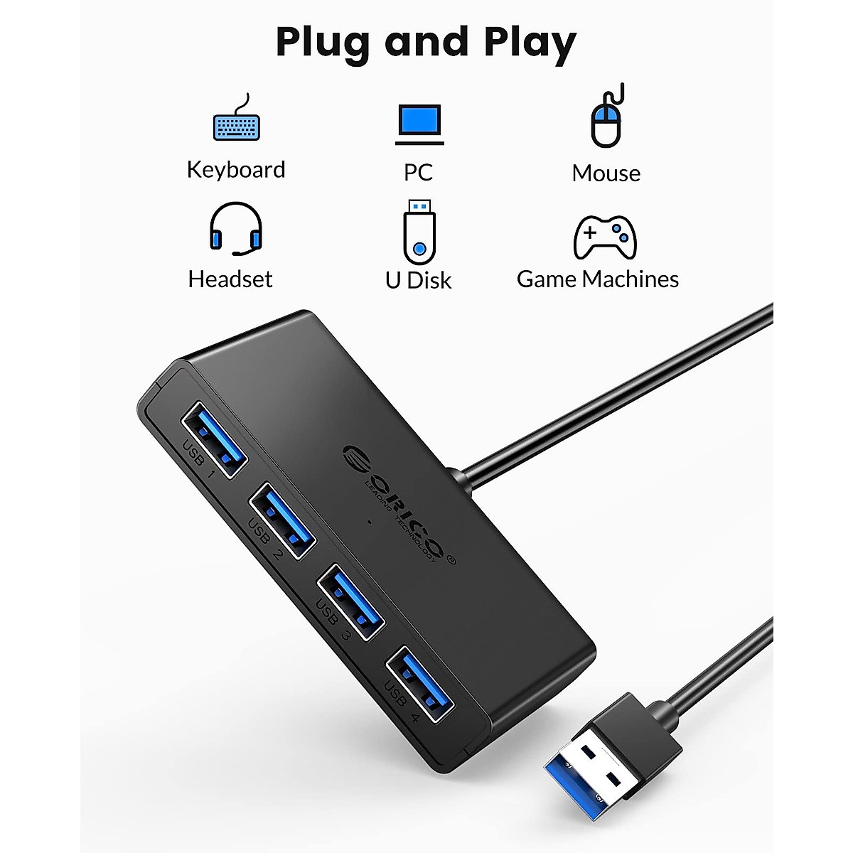 ORICO 4-Port USB 3.0 hub, USB hub 3.0 with Power Supply Port[Charging Not Supported], 5 ft Data Cable for Desktop, iMac, Surface Pro, XPS, USB Flash Drives, Mobile HDD, and More - Black
