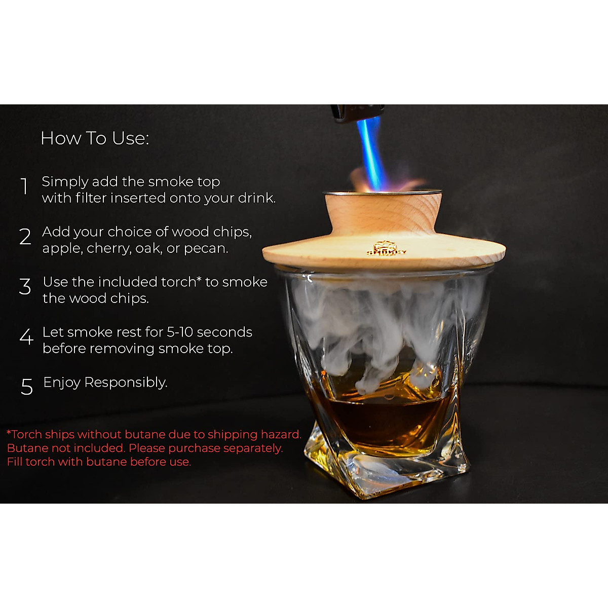 Smokey Crew Cocktail Smoker Kit with Butane Torch - Elevate Your Whiskey and Cocktail Experience - Gift for Him