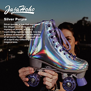 JajaHoho Roller Skates for Women, Holographic High Top Classic Rollerskates, Shiny Double-Row Glitter Four Wheels Quad Skates for Girls, Age 3-50, Indoor &Outdoor (Size 7, Silver Purple)