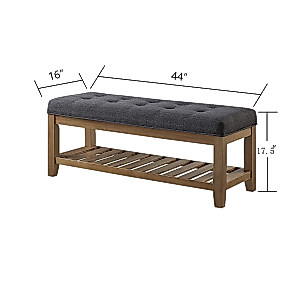 24KF Large Rectangular Upholstered Tufted Linen Fabric Ottoman Bench, Padded Bench with Solid Wood Shelf-Charcoal