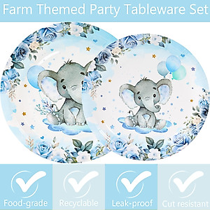 Boy Elephant Baby Shower Decorations Plates - Blue Elephant Plates Disposable Cups,Napkin with Blue flowers for 24 Elephant Theme Party Supplies,Baby Shower Wedding Birthday Party