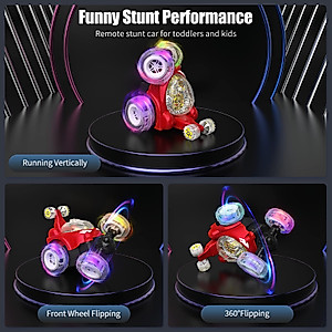 Kizeefun RC Stunt Car, Invincible 360°Rolling Twister with Colorful Lights & Music, Rechargeable Remote Control Car for Kids (Red), Unisex