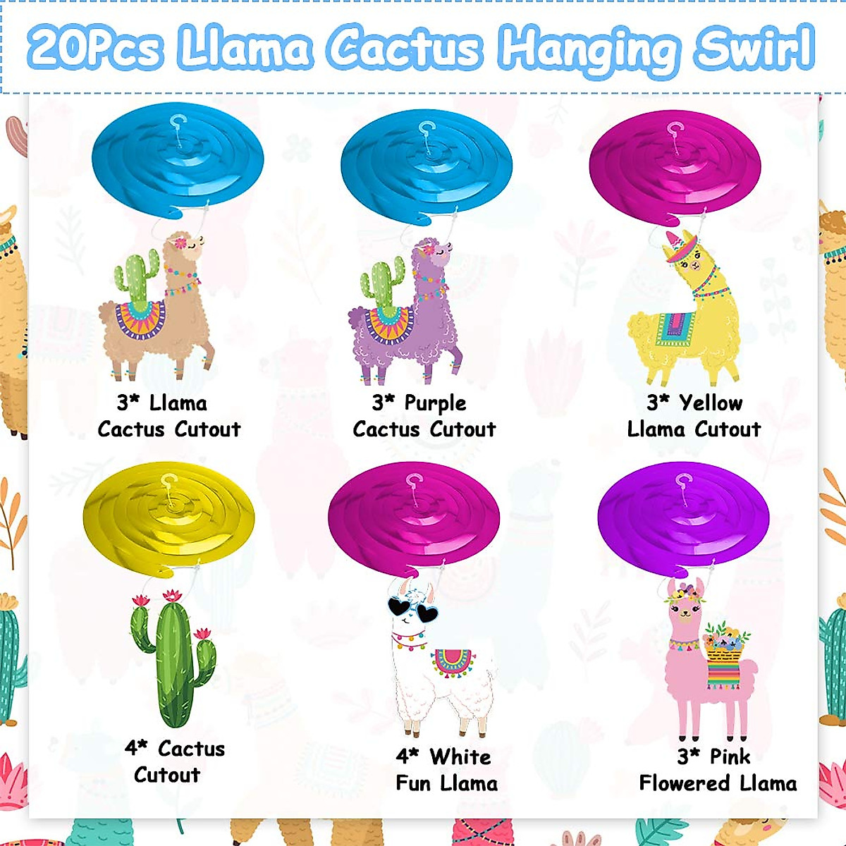 20Pcs Llama Cactus Hanging Swirl Decorations, Llama Party Hanging Swirl Bolivian Peru Alpaca Party Llama Birthday Party Supplies for Cinco De Mayo Mexican Fiesta Party Llama Baby Shower Decoration
