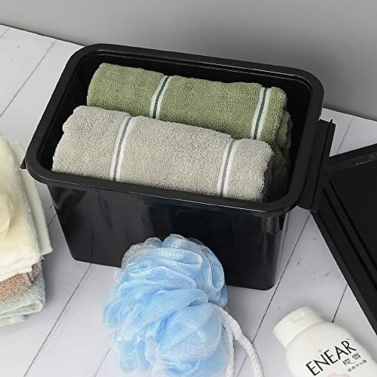 Qqbine 6 Quart Black Plastic Storage Latching Box Bin with Handles, 6 Packs