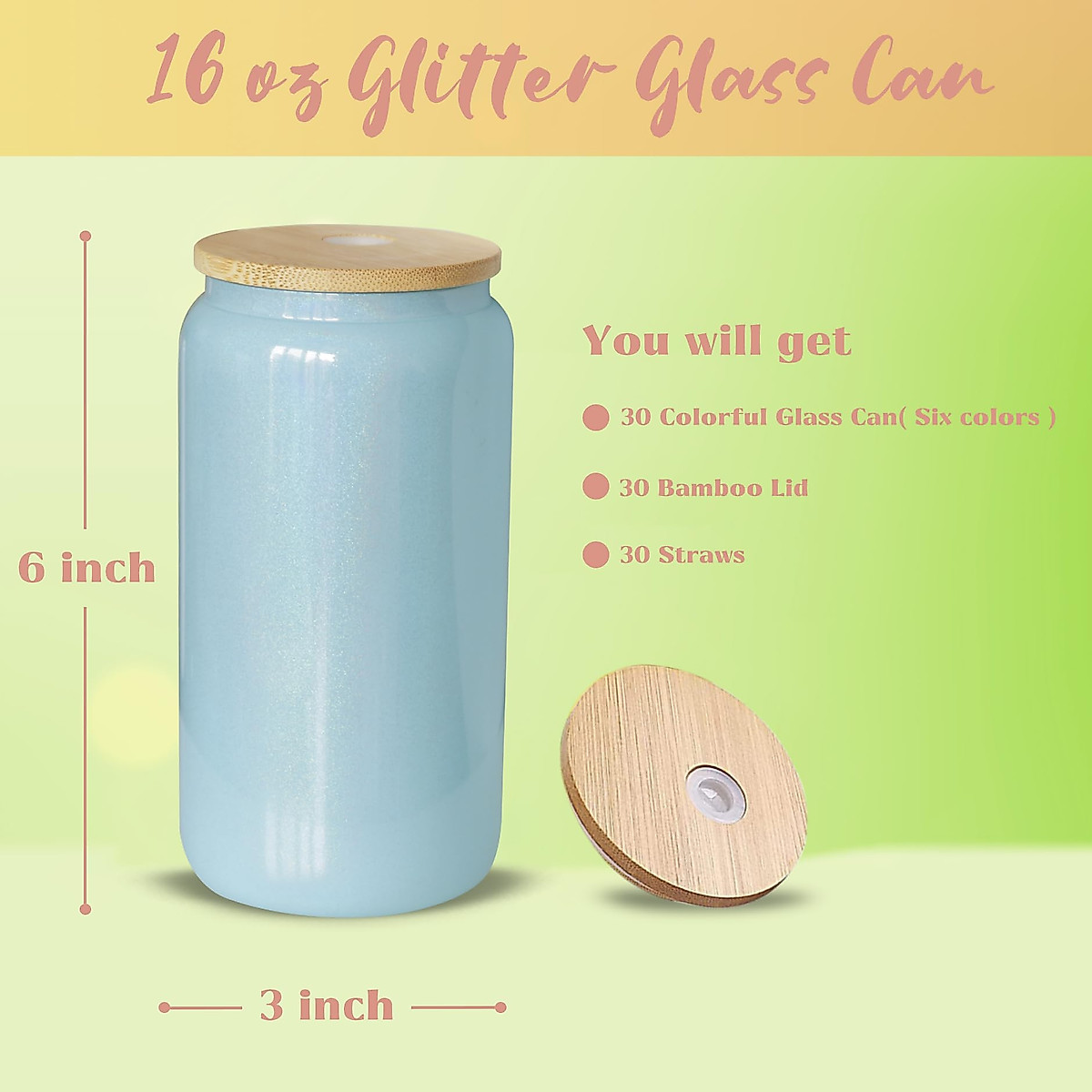 VEVELU 30 Pack Sublimation Glass Cups with Lids and Straws 16oz Shimmer Sublimation Beer Glasses Can Blanks Tumblers Sparkling Iridescent Glass Cups with Bamboo Lid Drinking Juice Jars Iced Coffee Cup