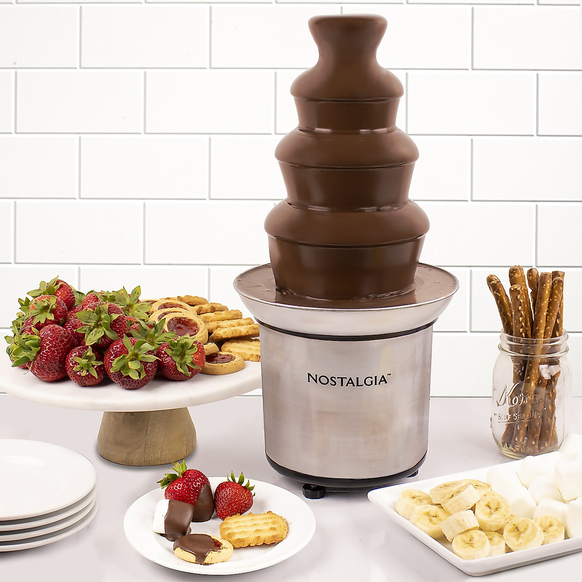 Nostalgia CFF986 32-Ounce Stainless Steel Chocolate Fondue Fountain, 2-Pound Capacity, Easy to Assemble 4 Tiers, Perfect For Nacho Cheese, BBQ Sauce, Ranch, Liqueurs
