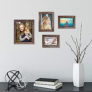 Q.Hou 8x10 Picture Frame Wood Patten Rustic Brown Photo Frames Packs 4 with High Difinition Glass for Tabletop or Wall Decor (QH-PF8X10-BR)