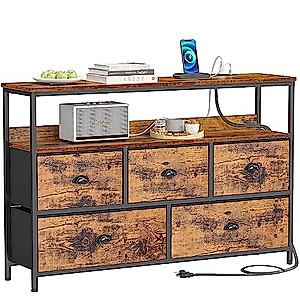 Furologee Console Sofa Table with Power Outlet, Long 45" Dresser TV Stand with 5 Drawers, Entryway Table with Shelves, Entertainment Center for 55'' TV, Bedroom, Living Room, Hallway, Rustic Brown