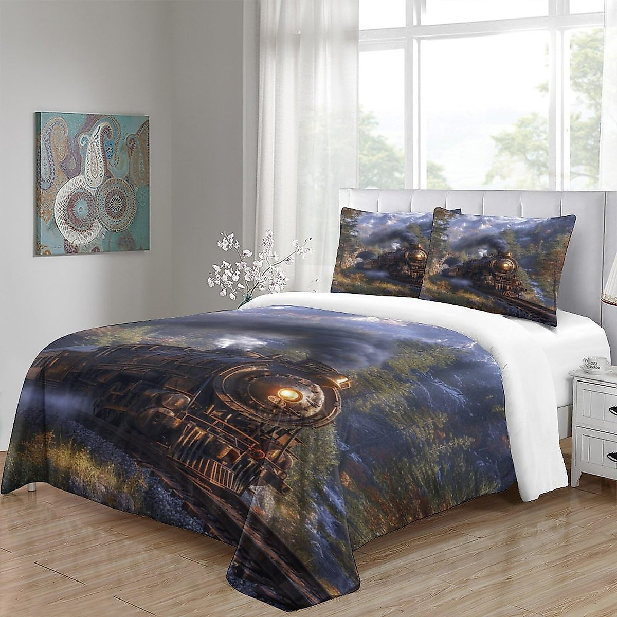 YYANQIN Steam Train Bedding Set, 3D Printing 3 Piece Sets Quilt Cover Soft Microfibre Quilt Cover with Pillowcases and Zipper Closure for Home Decor Bed Twin（173x218cm）