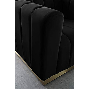 Meridian Furniture 603Black-S Marlon Collection Modern | Contemporary Velvet Upholstered Sofa with Deep Channel Tufting, Stainless Steel Base in a Brushed Gold Finish, Black, 86.5" W x 34" D x 28" H