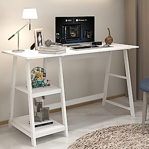 Natwind 51" White Desk with 2-Tier Storage Shelves,Home Office Computer Desk, Study Table for Kids Student Girls,Writing Desk,Modern Simple Basic Desk Workstation for Bedroom Home Office