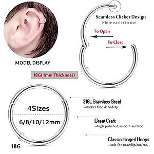 Jstyle 8Pcs 18G Stainless Steel Hinged Clicker Segment Nose Ring Hoop Piercing for Men Women Cartilage Daith Tragus Sleeper Earrings Improved Clasp 6-12MM,Silver Tone