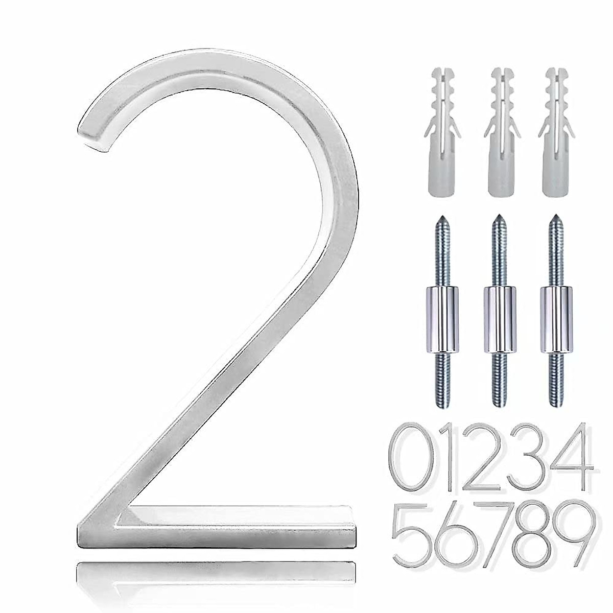5" Zinc Alloy Floating House Number, Metal Modern House Numbers, Garden Door Mailbox Number Sign with Nail Kit, Coated Glossy Silver, Durable Visibility Signage,2