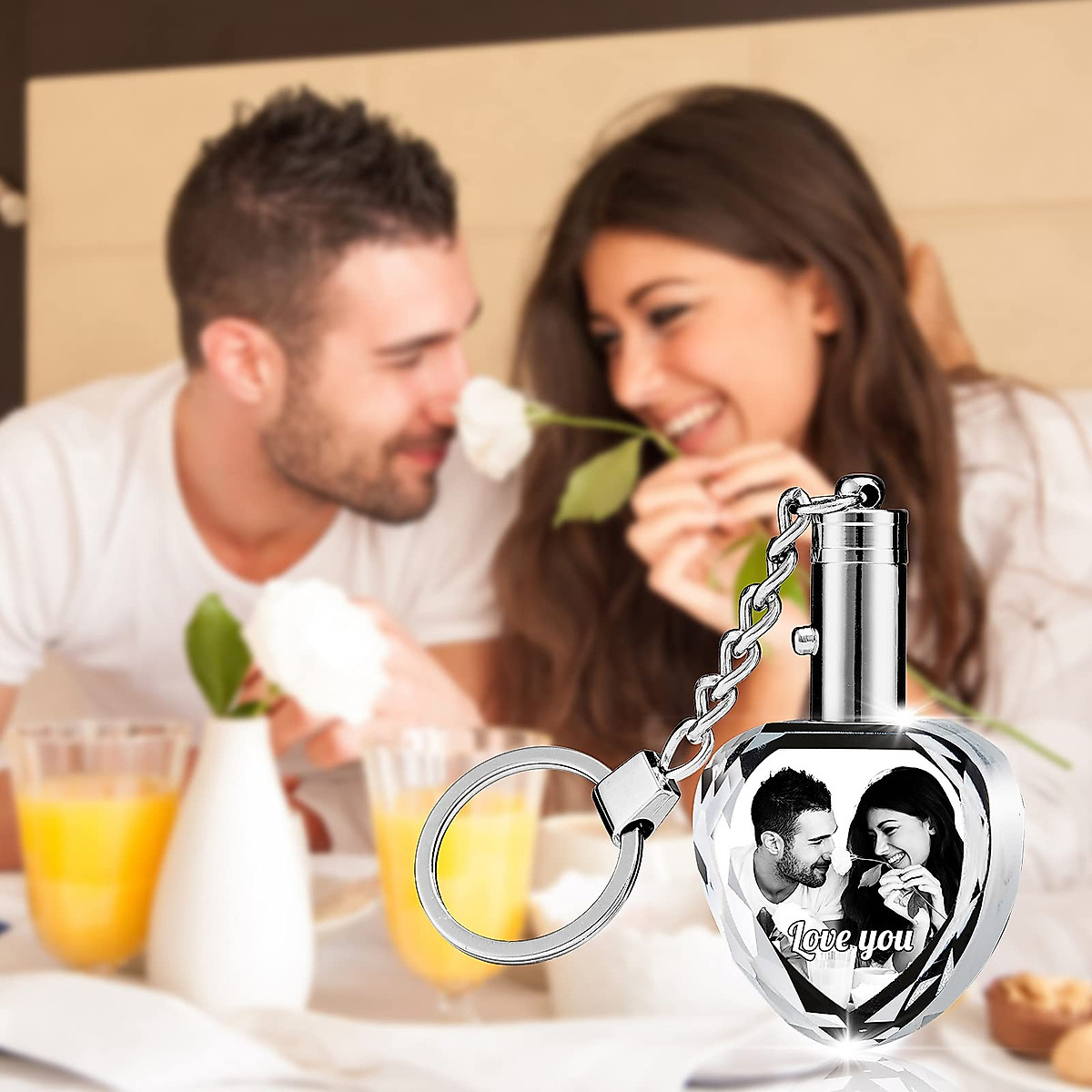 XJone Personalized Custom Crystal Keychain with Picture Photo Customized Engraved Keyring with LED Light