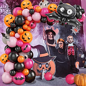 AobkDeco 111Pcs Halloween Balloon Garland Arch Kit with Black Orange Latex Balloons hot pink Balloons Spider Web Cute bats for Halloween Party Decoration Halloween Kids' Birthday Party Supplies
