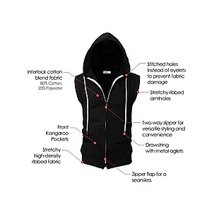 Ohoo Mens Slim Fit Sleeveless Lightweight Zip-up Hooded Vest 2 Way Zipper Hoodie Sweatshirt / DCF011-BLACK-L