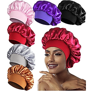 6PCS Satin Bonnets for Black Women, Large Braids Bonnet Wide Band Hair Bonnets, A