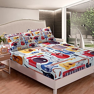 Manfei Musical Kids Fitted Sheet Twin Size, MusicalGuitar Radio Drum Kit Headset Print Bedding Set 2pcs for Boys Girls, Rock Music Bed Cover with 1 Pillowcase, Soft Polyester Bedding, No Top Sheet