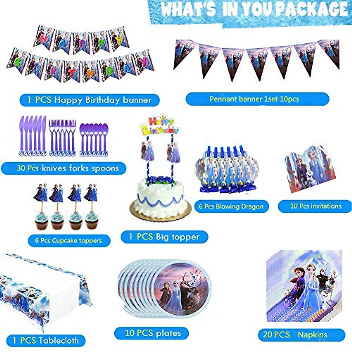 Frozen 2 birthday Party Supplies Set - 128pcs Birthday Decorations for 10-Guest Frozen 2 Theme Party includes Happy Birthday Banner,Pennant,Tablecover,Plates,Knives,Spoons,Forks,Cake Toppers,Frozen Balloons,goodie bags For Frozen Birthday Party Decoration