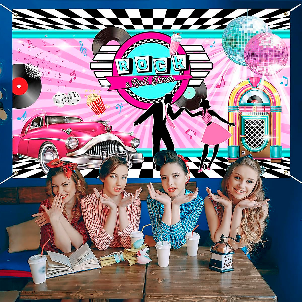 Mocsicka 50s Birthday Party Banner Back to 50's Rock and Roll Banner Backdrop 1950s Party Decorations Retro Rocking Backdrop for 50s Party, 72.8 x 43.3 Inch