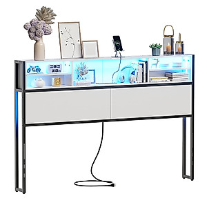 PAKASEPT Headboard Queen Size, Queen Headboards with Outlets, USB Ports and RGB LED Light, 4-Tier Storage Queen Head Board Only for Queen Size Bed, Height Adjustable, White
