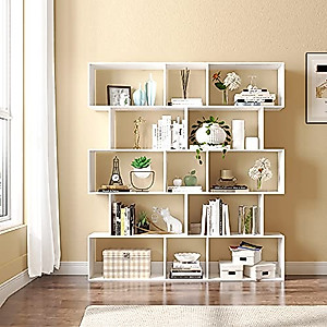 Yusong Bookshelf 5-Tier, Geometric Bookcase S Shaped Book Shelves for Bedroom, Modern Wood Decorative Display Shelf Book Case for Home Office, White