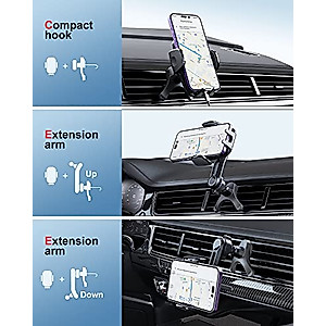 Car Vent Phone Holder Mount Clip with Extension Arm[2 Mounting Options][Never Blocking] Universal 2 In 1 Car Cell Phone Holder Mount [360°Rotation] Compatible with iPhone 13 14 Samsung All 4-7"Phone