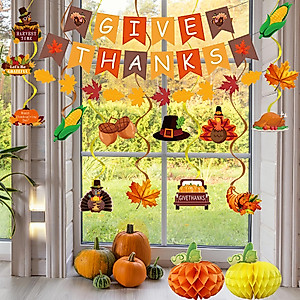 32Pcs Thanksgiving Decorations, GIVE THANKS Banner,Maple Leaf Garland,Autumn Hanging Swirls,Pumpkin Honeycomb Balls for Fall Hanging Party Supplies
