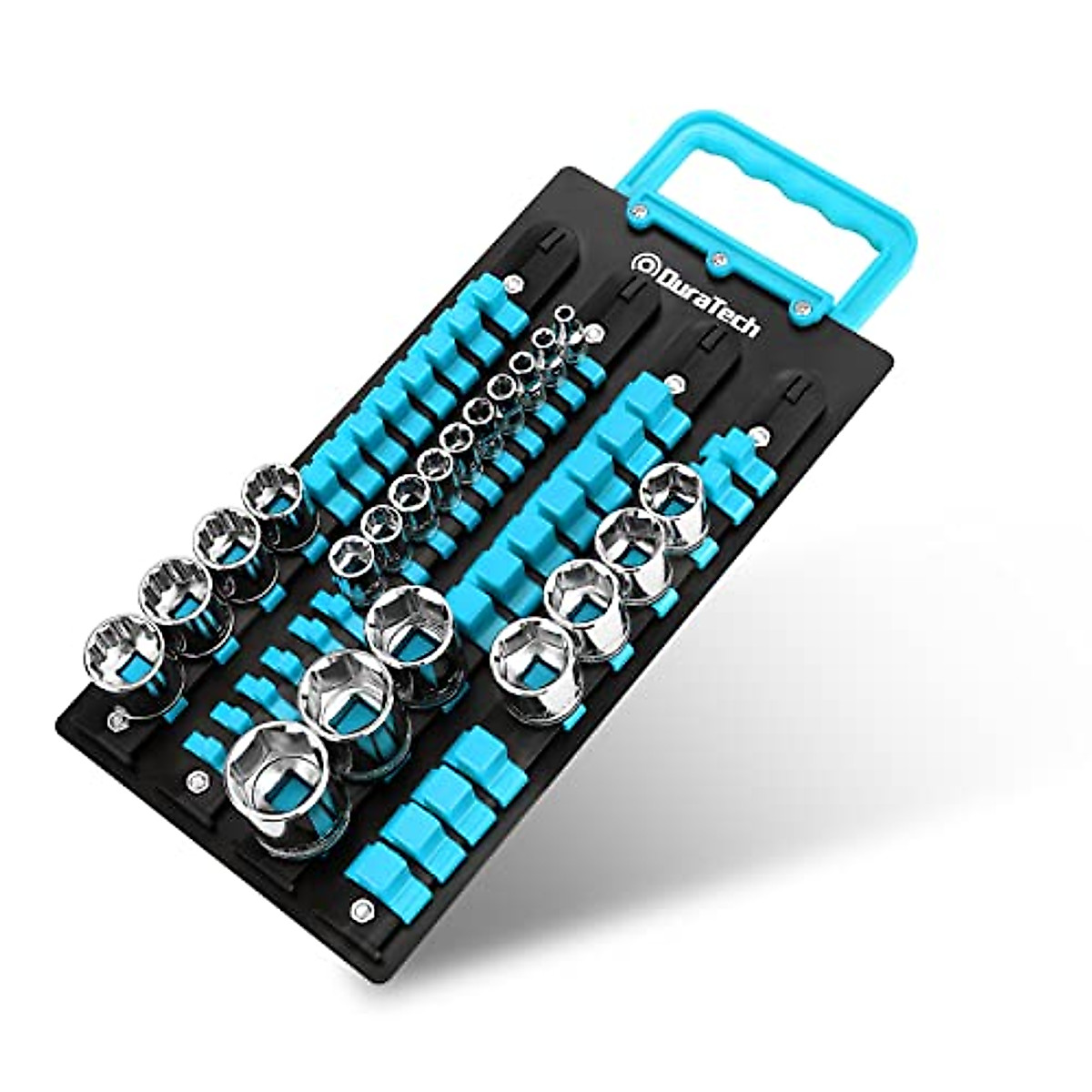 DURATECH Socket Organizer, 48-Piece Portable Socket Holder with Handle, ABS Socket Tray Wall and Tool Cart Mounted, 1/4", 3/8", 1/2" Drive Socket Organizer Tray, Blue(Socket not Included)