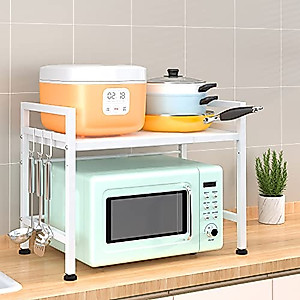 PUSDON Extendable Microwave Oven Rack, Adjustable Microwave/Toaster Shelf Heavy Duty Stand Kitchen Counter Top Organizer(L15.7~23.6" xW12.6 xH18.9), 2-Tier with 3 Hooks, 160lbs Weight Capacity, White