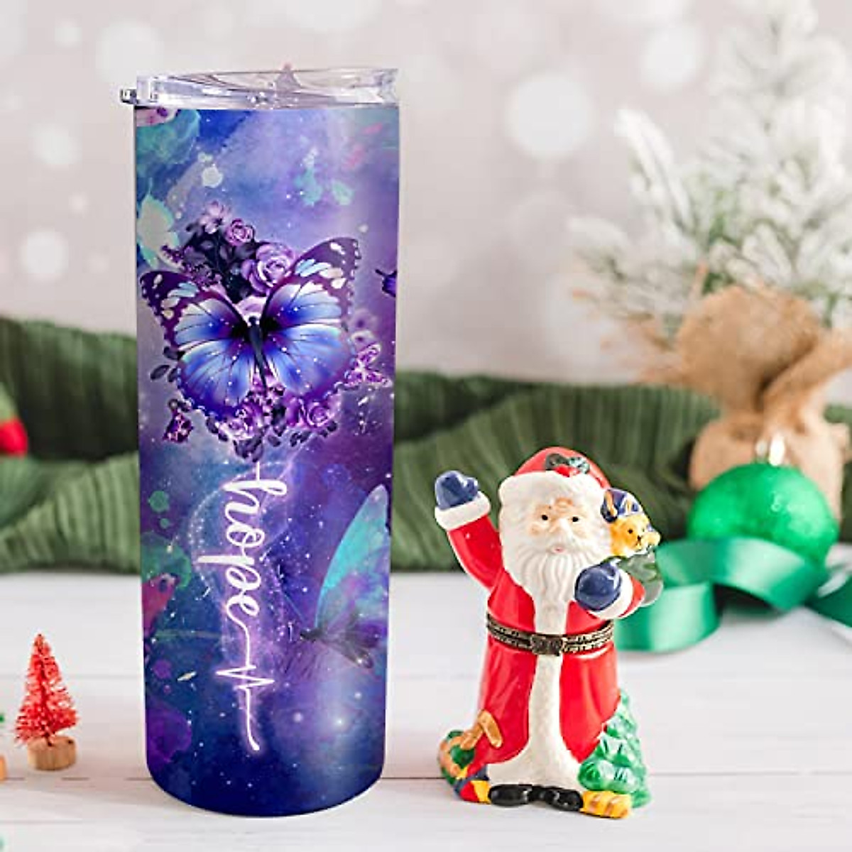 Purple Butterfly Style Butterfly Lover Inspiration Motivational Love Faith Hope Tumbler Cup with Lid, Double Wall Vacuum Thermos Insulated Travel Coffee Mug or Gym Fitness Travel Office Use 20oz