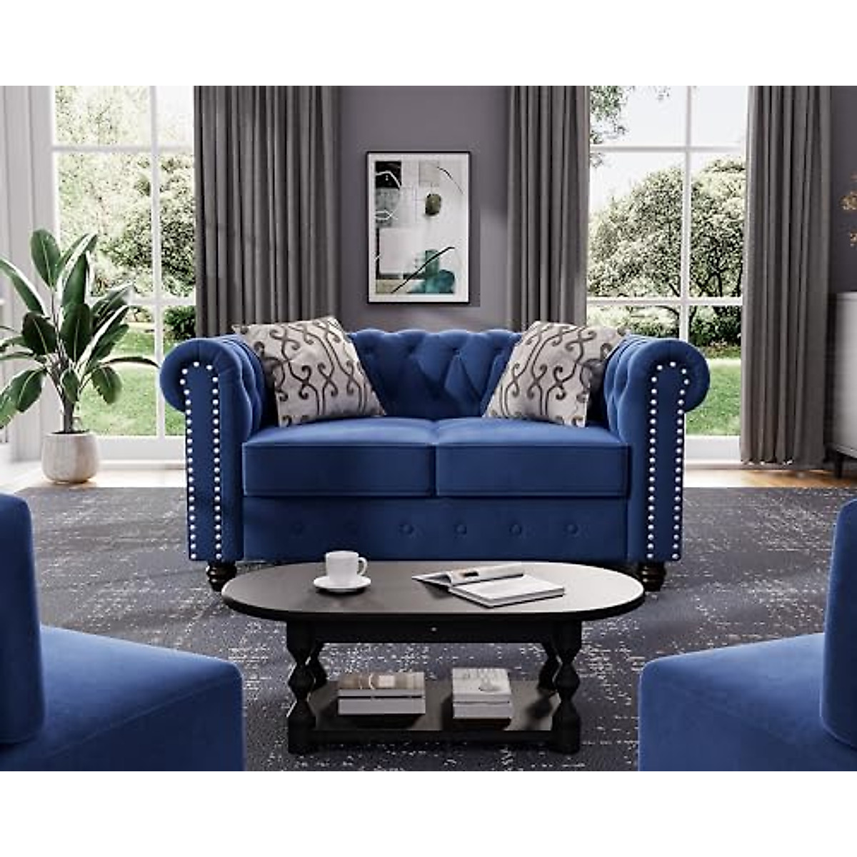 Morden Fort Classic Chesterfield Loveseat Set 60'', Tufted Loveseat Sofa Set with Solid Wood Legs Thick Cushion, Pet-Friendly 2-Seater Sofa Couch for Living Room Bedroom Apartment - Velvet Blue