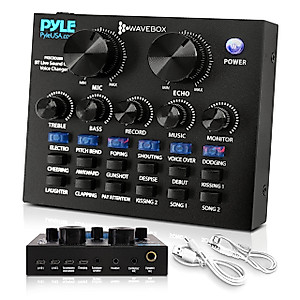 Pyle Bluetooth Mini Audio Podcast Mixer - Live Streaming For PC Computer iPhone Broadcasting Voice Changer V8 Sound Card with 12 Sound Effects,3 Inputs, Mic Input - PKSCRD208.5