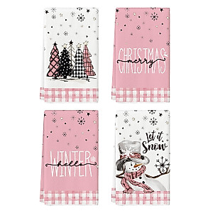 Artoid Mode Xmas Tree Snowman Snow Merry Christmas Kitchen Towels Dish Towels, 18x26 Inch Hello Winter Seasonal Decoration Hand Towels Set of 4