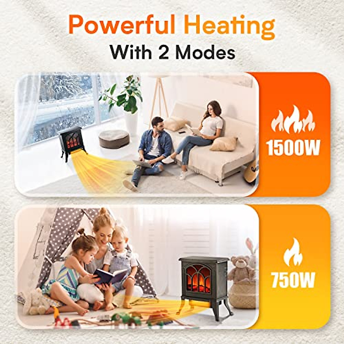 Electric Fireplace Heater, Infrared Space Heater with 3s Fast Heating, 1500W 750W 2 Modes, 3D Flame Effect, Overheat Tip-Over Protection, Brightness Adjustable, Safe Free Standing Stove Without Noise