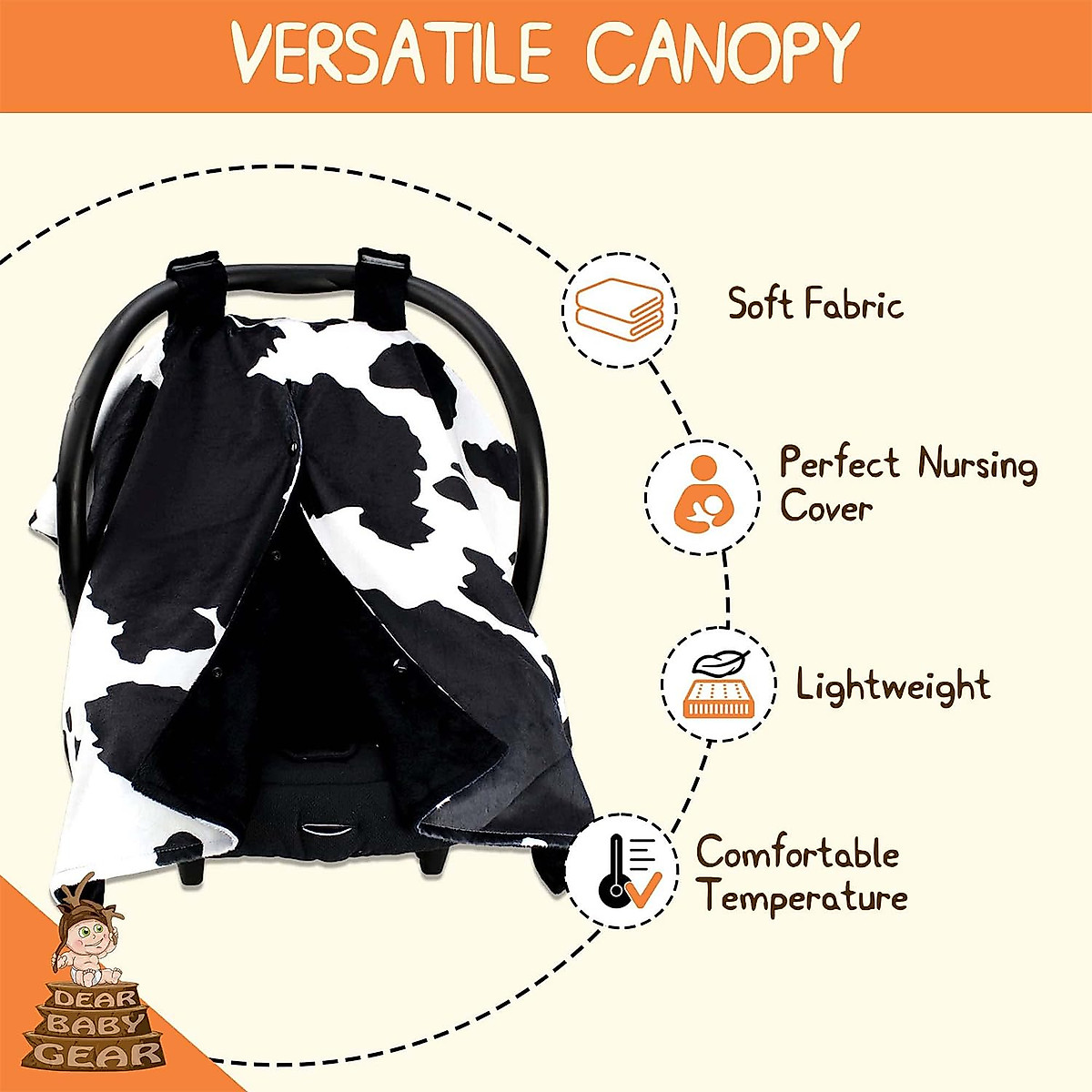 Dear Baby Gear Black and White Holstein Cow Baby Car Seat Canopy with Snap Button Opening — Double Layered Lightweight Cover Keeps Babies Cozy and Sheltered from The Sun — 40 x 30 Inches