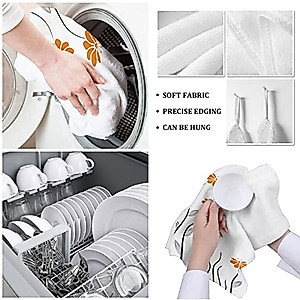 Kitchen Towels Dish Towel Set of 1,Orange Flowers Abstract Lines Absorbent Hand Towels Cleaning Dishcloth Tea Towels,Modern Minimalist Plant White Back Reusable Drying Dish Cloths