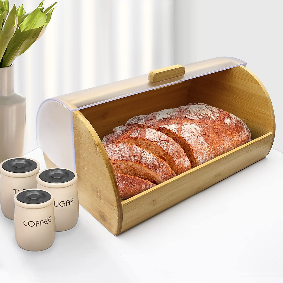 Bread Box, Bamboo, Large Storage, Acrylic Easy Glide Cover with Handle