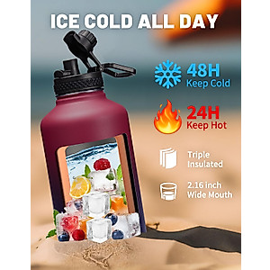 DIGJUPER 64OZ Vacuum Insulated Water Bottle - Keep Hot Cold Vacuum Flasks with Straw & Spout Lids, Paracord Handle, Water Bottler Carrier Holder & Protective Cup Mat, 1.8L Stainless Steel Water Jug